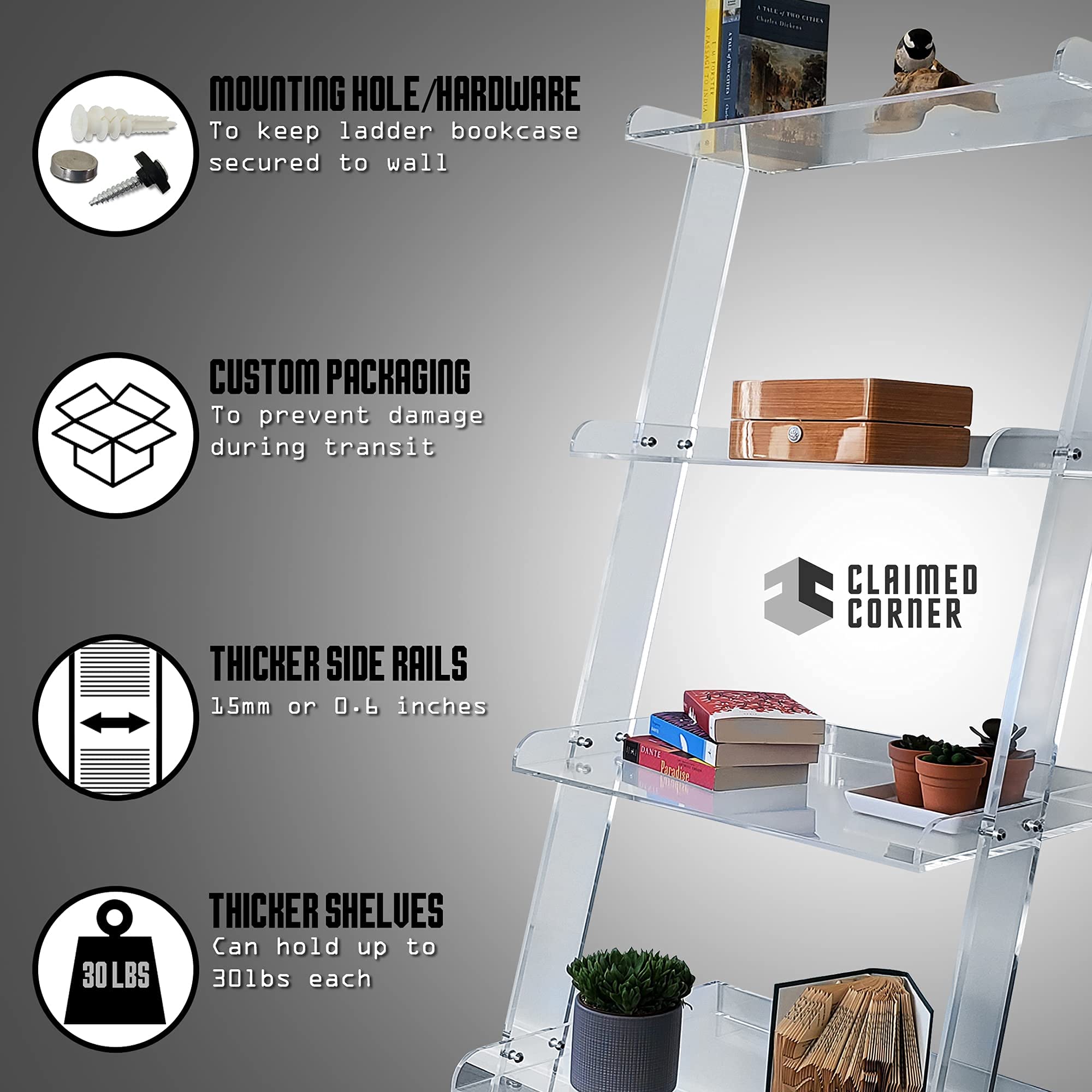 Acrylic Ladder Bookcase β Large Modern Clear Leaning Floating Wall Bookshelf - Standing Decor Display Unit for Open Shelving, Organizer, or Storage in the Living Room, Office, Bedroom, or Bathroom