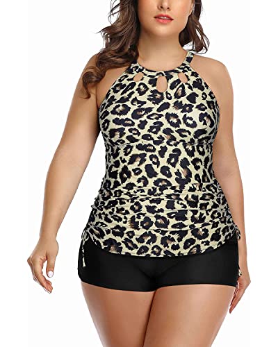 Aqua Eve Women Two Piece Plus Size Swimsuit High Neck Tankini Set Tummy Control Bathing Suit with Shorts Leopard 18W
