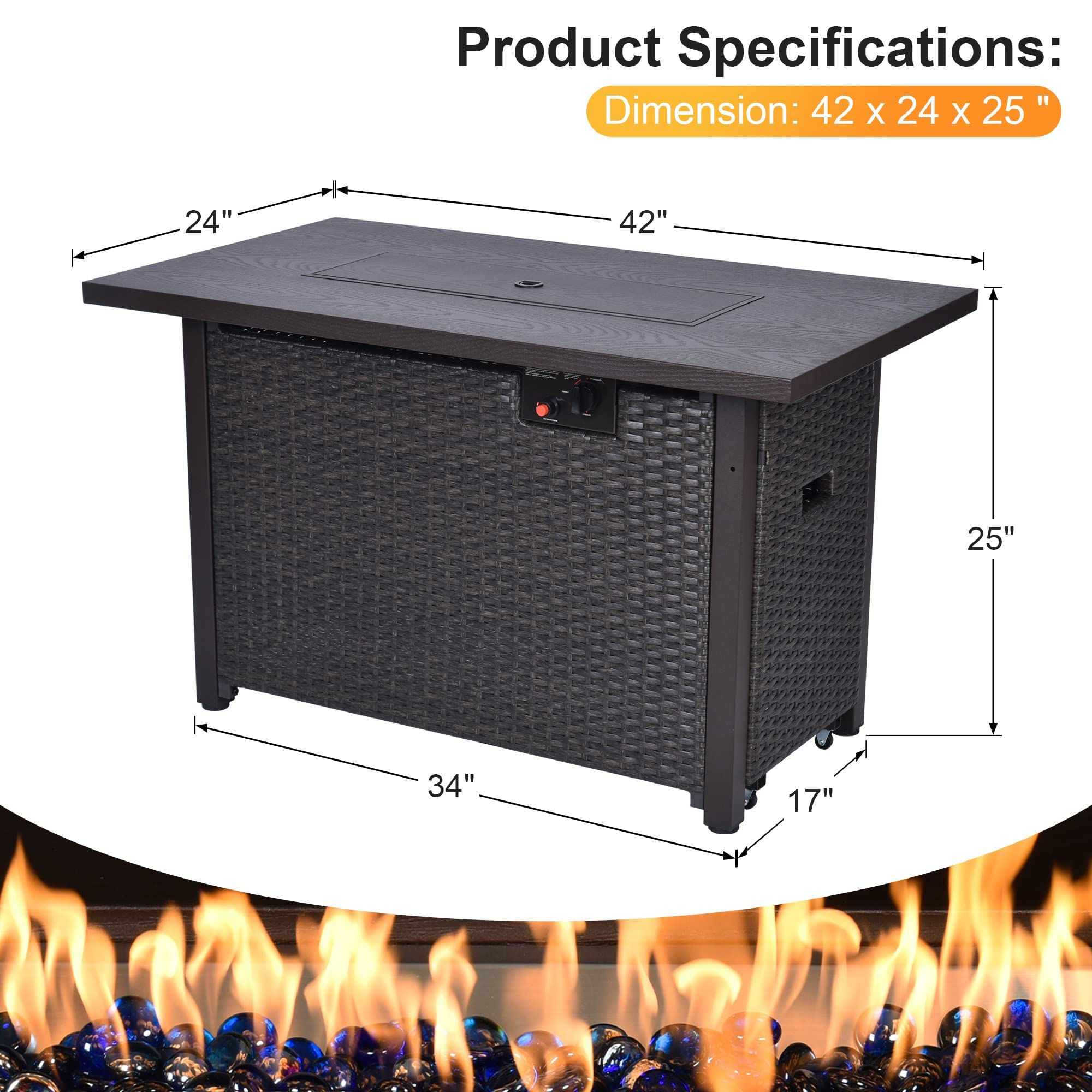 7 Piece Patio Furniture Set with Fire Pit Table, Rattan Outdoor Sectional Patio Conversation Sets with Seat Cushions for Backyard Deck Balcony Lawn and Garden, Black