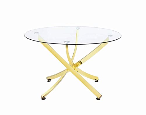 Coaster Furniture Beckham Modern Contemporary Round Dining Table Tempered Glass Top Asterisk Metal Base Polished Brass 108441