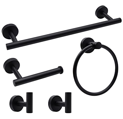 5/10/20pcs Bathroom Hardware Set, Matte Black/Brushed Nickel/Brushed Gold Bathroom Hardware Set, Including 16" Hand Towel Bars, Toilet Paper Holders, Towel Rings, Robe Towel Hooks (5pcs, Black)