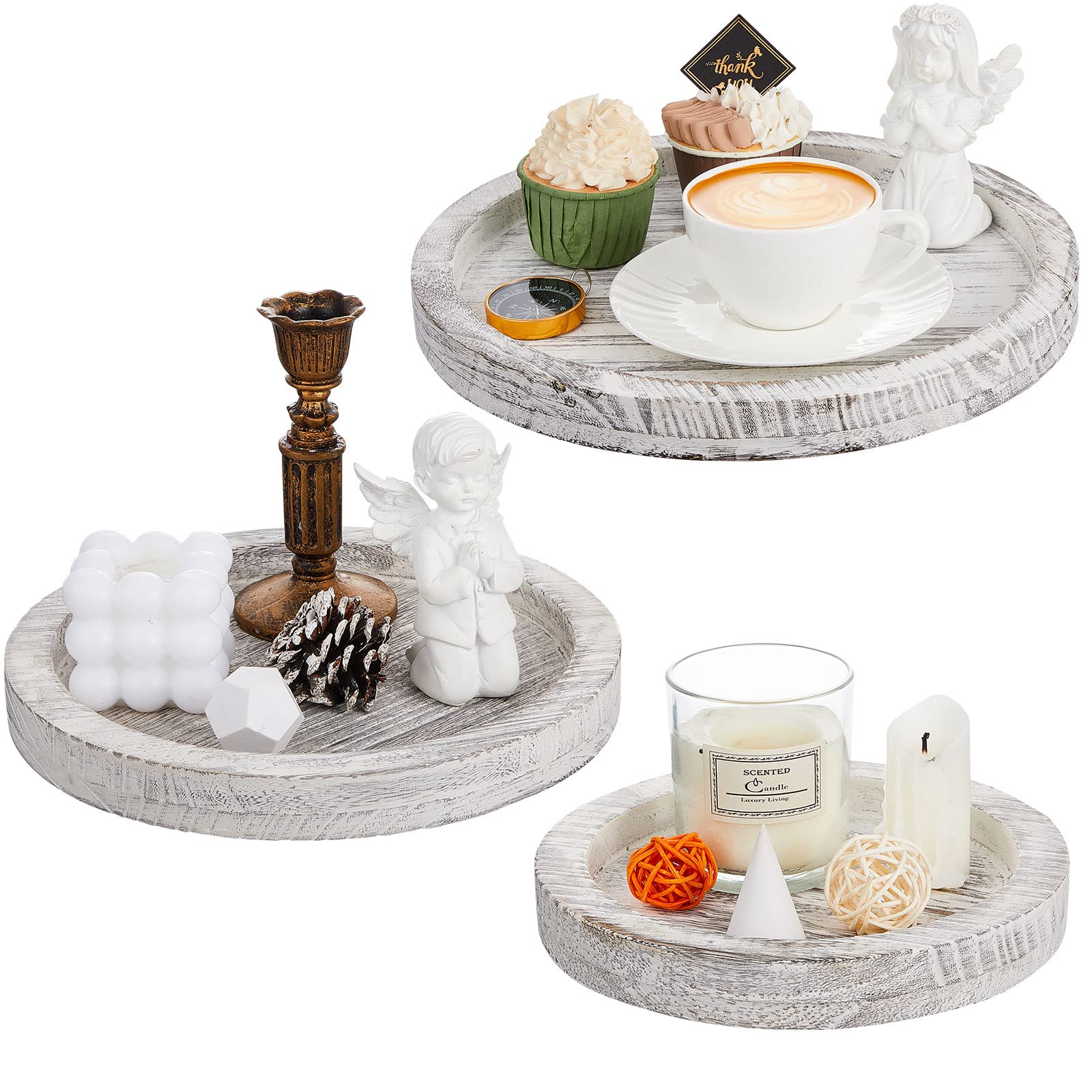 3 Pcs Rustic Wooden Serving Tray Candle Holder Round Wood Butler Decorative Tray Vintage Centerpiece Farmhouse Ottoman Tray for Kitchen Countertop Home Decor Coffee Table Wedding, 3 Sizes (White)