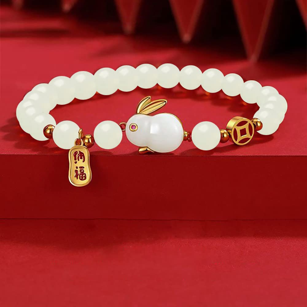 2023 Chinese Style Rabbit Year Beads Bracelet Adjustable Bangle Women Gift, Adjustable Bracelet for Women Girls Jewelry (Red+White)