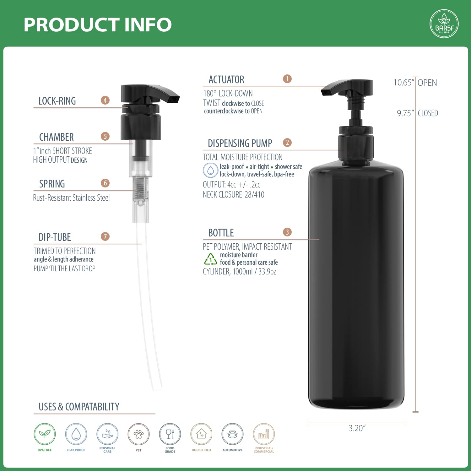Bar5F Empty Shampoo Bottle with Pump, Black, 33.8 Ounce (1 Liter), Pack of 2