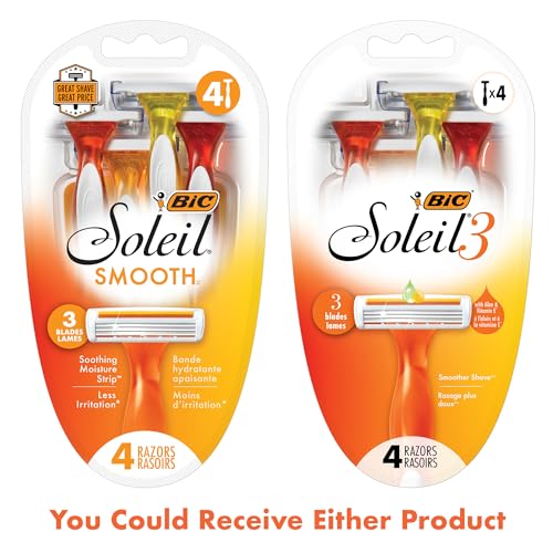 BIC Soleil Smooth Women's Disposable Razors, 3 Blades With Moisture Strip For a Silky Smooth Shave, 4-Count