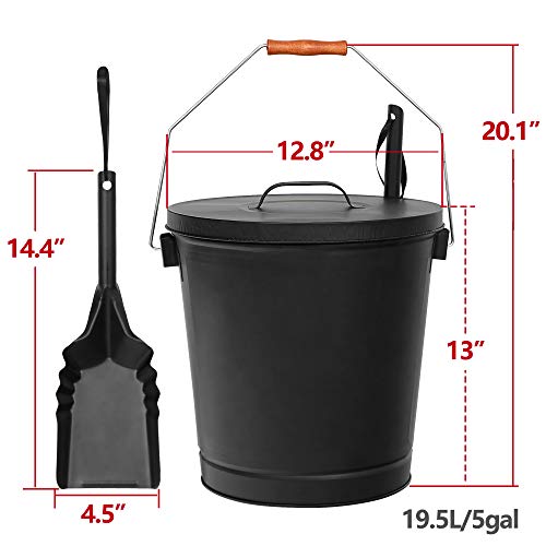 F2C Ash Bucket with Lid and Shovel 5.15 Gallon Large Galvanized Metal Coal and Hot Ash Pail for Fireplace, Fire Pits, Wood Burning Stoves, Grill, Outdoor, Black