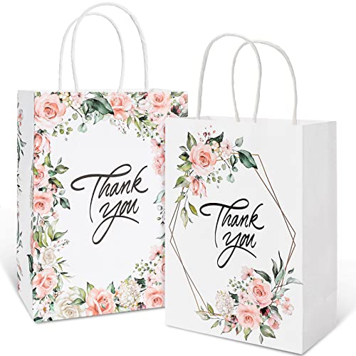 AnyDesign 16Pcs Thank You Gift Bags Floral Design Gift Bags with Handles White Kraft Paper Treat bags Wedding Small Paper Bags for Business Shopping Birthday Baby Shower Party Favors, 2 Designs