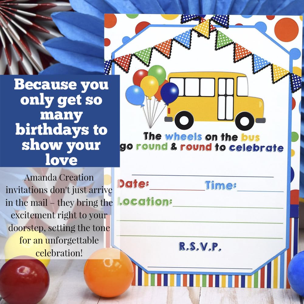 Amanda Creation Wheels on the Bus Themed Birthday Party Fill In Invitations set of 20 with envelopes