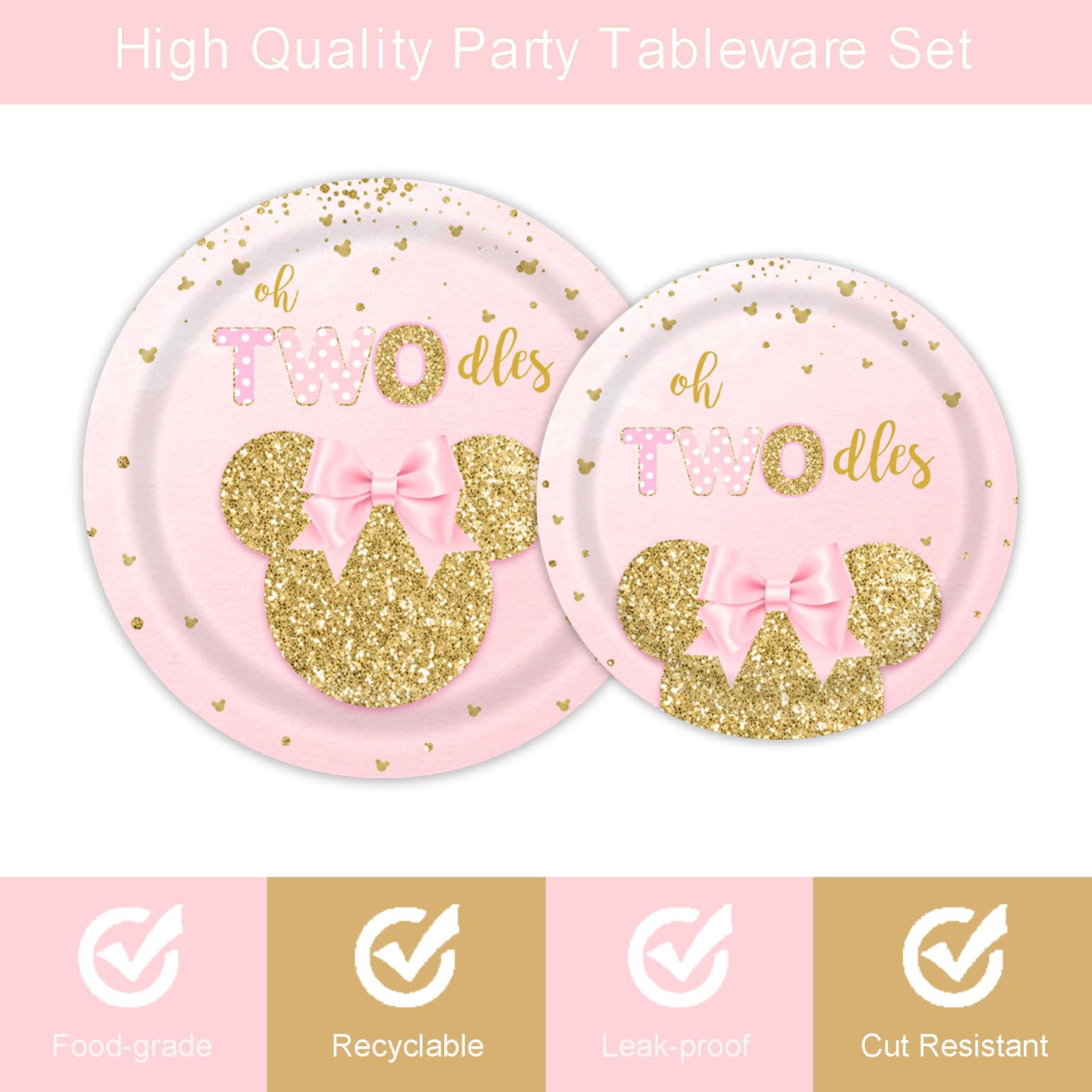 96 PCS Cartoon Mouse 2nd Plates and Napkins Party Supplies Girls Oh Twodles Mouse Happy 2nd Birthday Tableware Set Two Years Old Birthday Dinnerware Party Decorations Serve 24 Guests