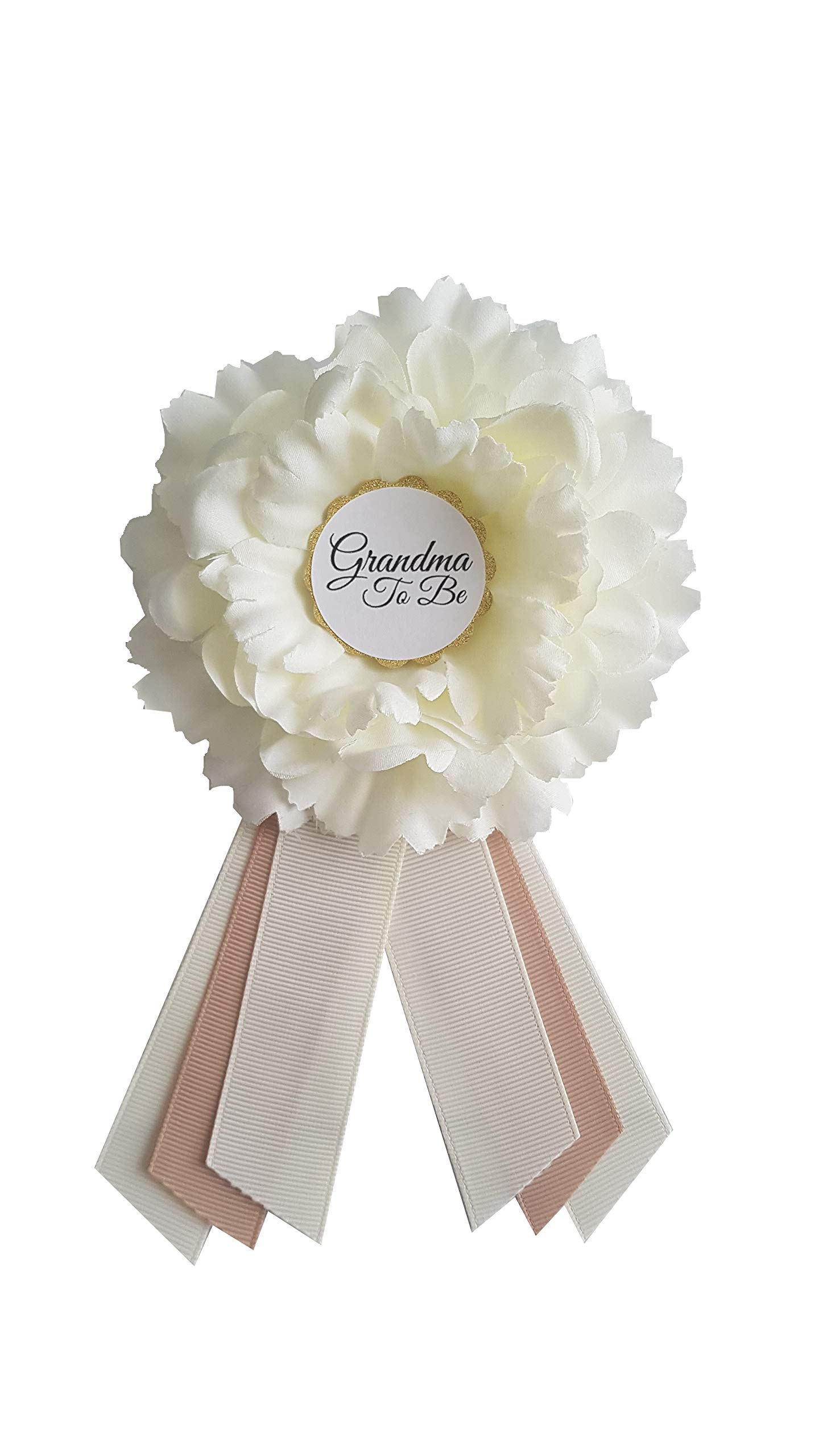 Mom To Be Sash and Dad To Be Pin By LMC | Baby Shower Belly Sash and Corsage | USA Handmade | Heat Sealed Ends | Ivory and Beige (Grandma to be pin)