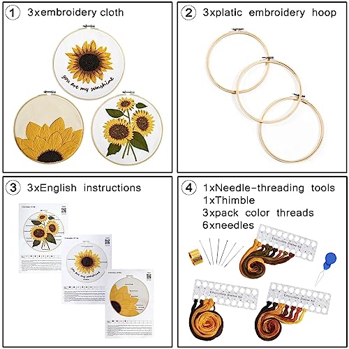 Armindou 3 Sets Embroidery Starter Kits with Sunflower Pattern for Adults Beginners, Floral Stamped Cross Stitch Kit Hand DIY Needlepoint Kit, 3 Embroidery Hoops, 3 Embroidery Fabric, Needles, Threads