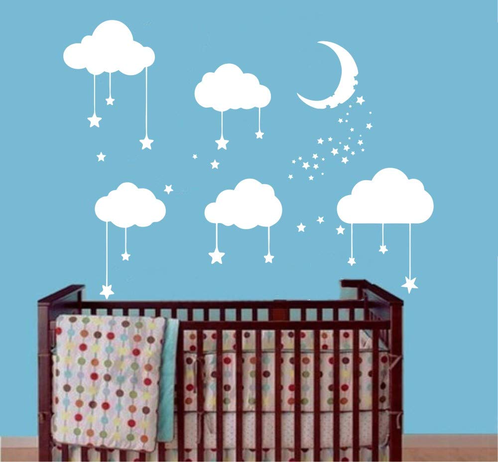 Big Clouds Stars Wall Decal Kids Nursery Bedroom Decor Sticker Clouds Moon Stars Art Baby Decal DIY Decor Clouds Decal (White, 28x35inch)