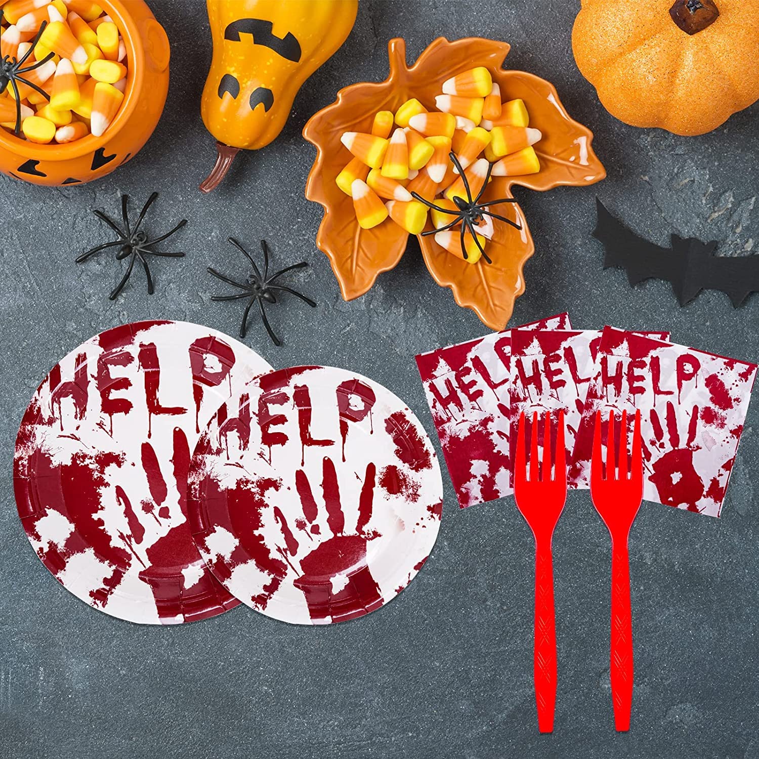 96 Pieces Bloody Good Time Party Tableware Set Halloween Zombie Skull Bloody Party Table Decorations Halloween Party Supplies Table Decorations Paper Plates Napkins Forks for 24 Guests