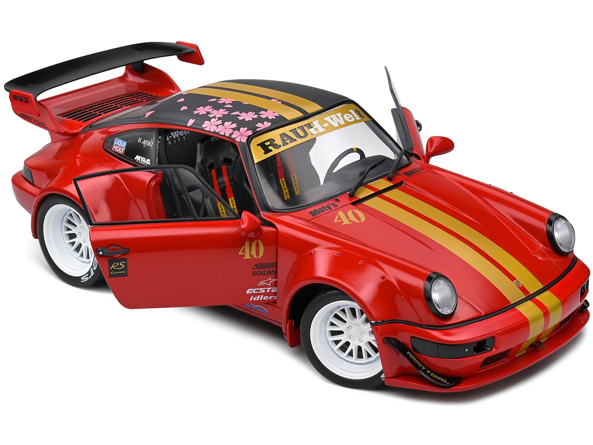 2021 RWB Bodykit #40 Red with Gold Stripes, Black Top and Cherry Blossom Graphics Red Sakura 1/18 Diecast Model Car by Solido S1807506