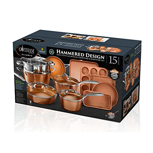 Gotham Steel Hammered Pots and Pans Set Nonstick, 15 Pc Kitchen Cookware Set & Bakeware Set, Induction Pots and Pans for Cooking, Ceramic Coated, Long Lasting Nonstick, Dishwasher Safe 100% Toxin Free