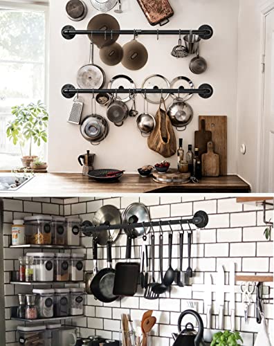 Bailoo Industrial Pipe Pot Pan Rack 21" (2 Pack), Wall mount Pot hangers Pan Hanging Rail Lid Hanger for kitchen with 10 S Hooks