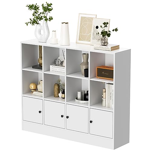 Anystyle White 12 Cube Bookshelf, 3-Tier Bookcase Storage Cabinet with 4 Doors for Bedroom, Living Room