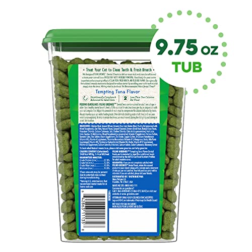 FELINE GREENIES Adult Dental Cat Treats, Tempting Tuna Flavor, 9.75 oz. Tub