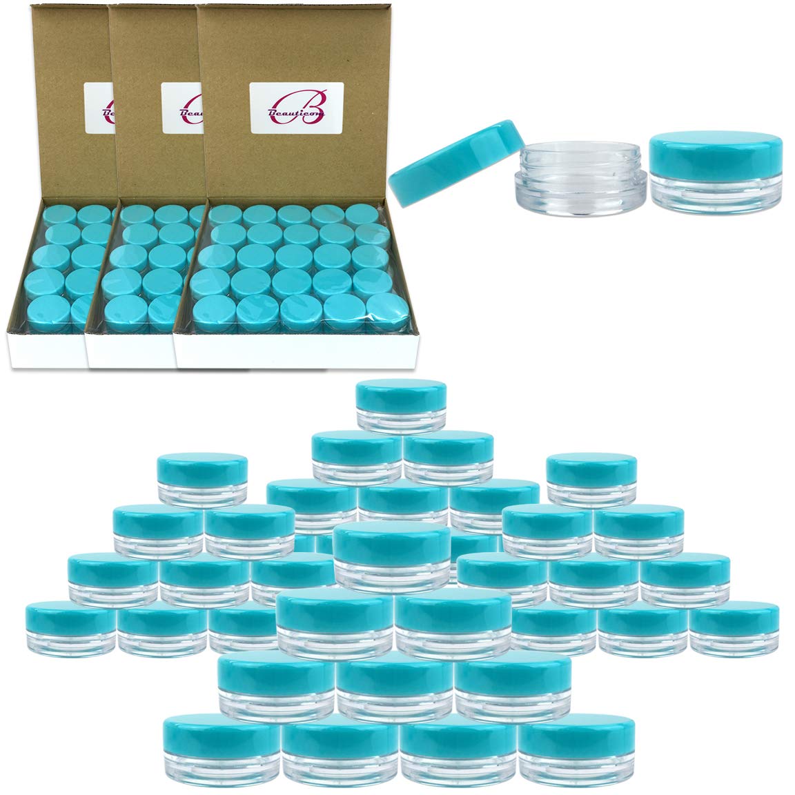 Beauticom (200 Pieces Jars + Lid) 3G/3ML Round Clear Jars with TEAL Sky Blue Screw Cap Lids for Scrubs, Oils, Toner, Salves, Creams, Lotions, Makeup Samples, Lip Balms - BPA Free