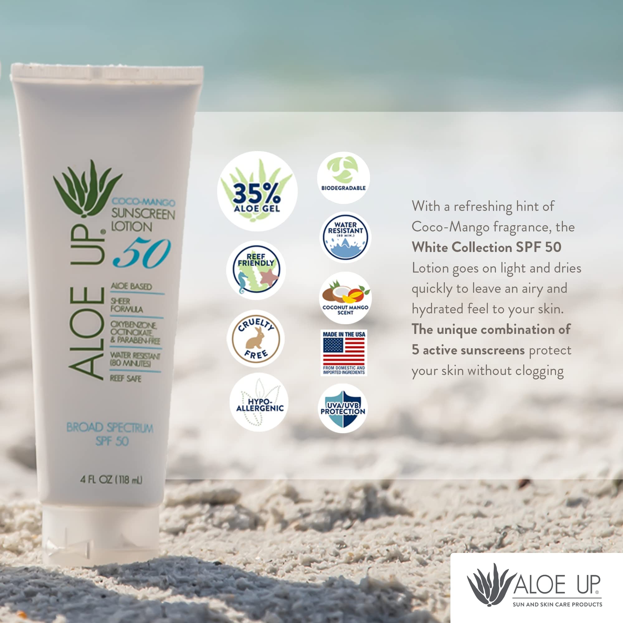 Aloe Up White Collection Sunscreen Lotion SPF 50 - Broad Spectrum UVA/UVB Sunscreen Protector for Face and Body - With Aloe Vera Gel - Alcohol-Free - Reef Friendly - Coco-Mango Fragrance - 4 Oz