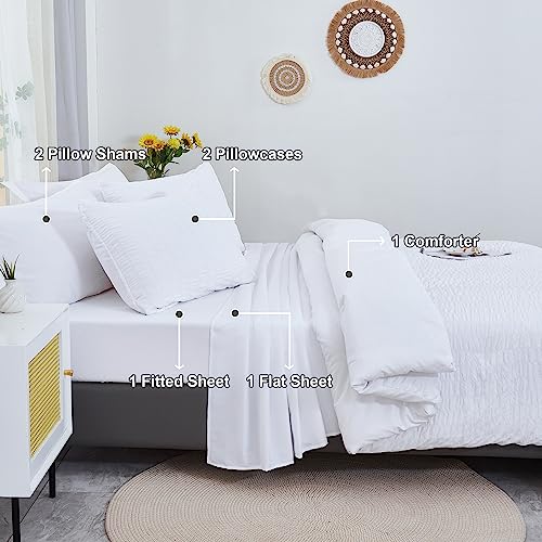 AveLom White Comforter Queen Size Set with Sheets - 7 Pieces Bed in a Bag Seersucker Complete Bedding Set, All Season Lightweight Bed Set with Comforter, Sheets, Pillowcases & Shams
