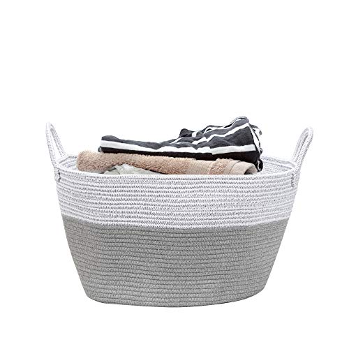JEKOSEN (Set of 2, 22''x12'' & 20''x10'') Laundry Basket Cotton Rope Basket Woven Storage for Toys Blankets Towels Cushions with Handle Living Room Laundry Hamper Grey