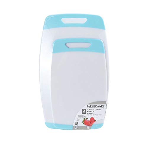 Farberware Nonstick Poly Cutting Board Set, 2-Piece, White with Aqua Trim