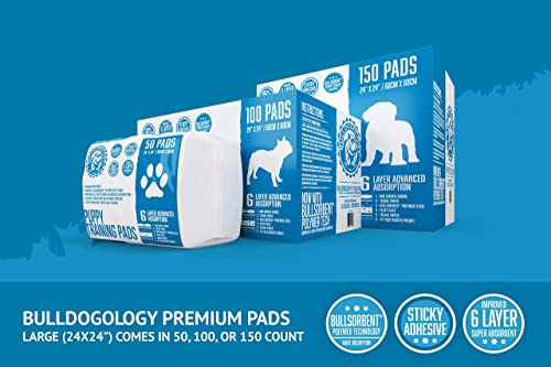 Bulldogology Puppy Pee Pads with Adhesive Sticky Tape (24x24) Large Premium Dog Pads - 6 Layer Dog Training Pads and Pet Wee Pads with Bullsorbent Tech (50-Count, White)