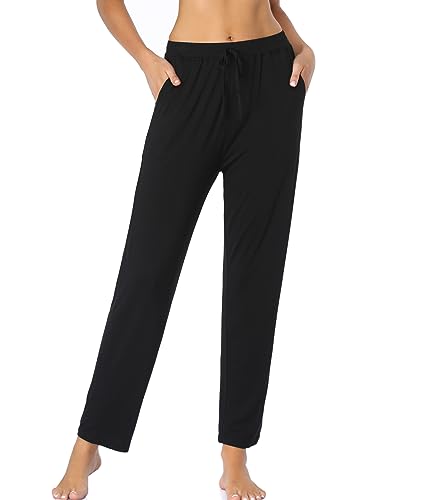 ASIMOON Women's Loose Pants Pockets Lightweight Soft Yoga Sweatpants Pull on Stretch Jogger Pant Casual Lounge Jogging Pants Black-a