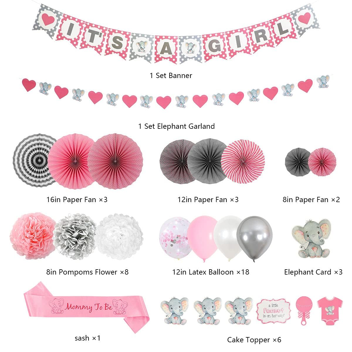 Elephant Baby Shower Decorations – It's a Girl Baby Shower in Pink and Gray Theme – Cute Elephant Party Kit – Virtual Baby Shower Decorations – Multipurpose Elephant Décor – Ready To Install