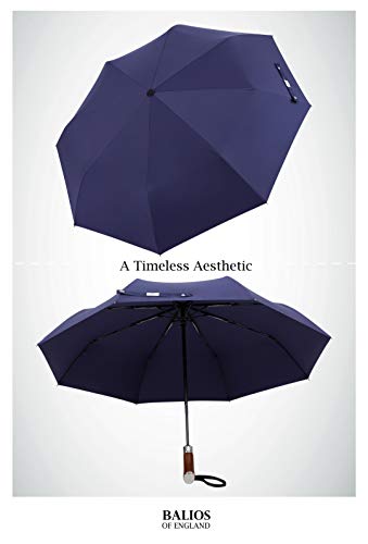 Balios (Designed in UK) Travel Umbrella Luxurious Golden Rosewood Handle Auto Open & Close Windproof Frame Single Canopy Automatic Folding Umbrella Men's & Ladies (Dark Navy)