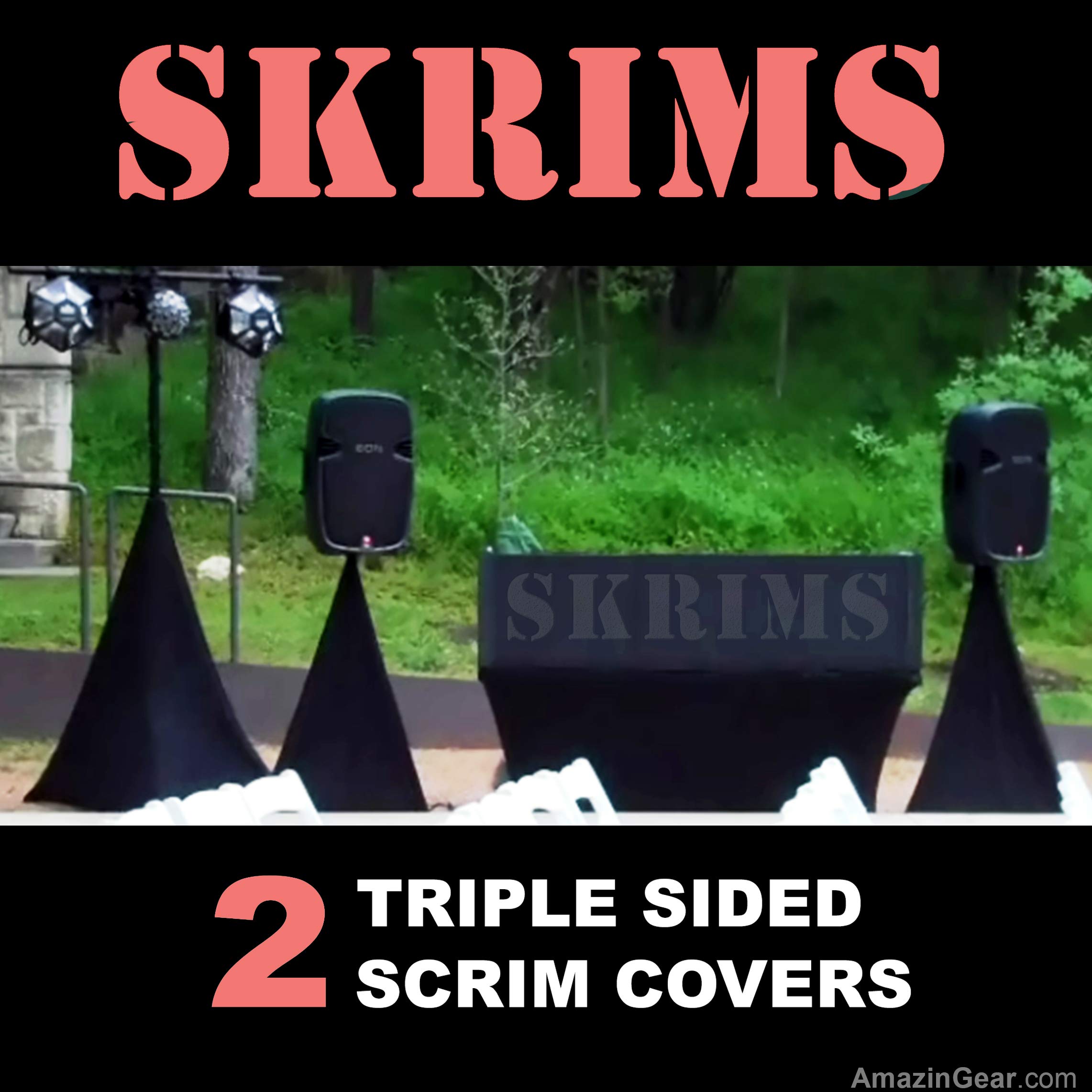 AMAZIN Gear Brand Professional Speaker Stand Covers, Premium 4-Way Stretch Spandex Pro DJ Scrims, 360 Degree Coverage Tripod Skirts, Cable Pass-Throughs +2 Bonus Carrying Bags (2-Pack, Black)