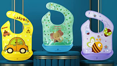 Amplim Baby Feeding Bib (3-Pack) Toddler/Baby Bibs for Eating. Waterproof, Adjustable, Lightweight. Eco-friendly PEVA material. BPA, Lead, Phthalate, Cadmium free