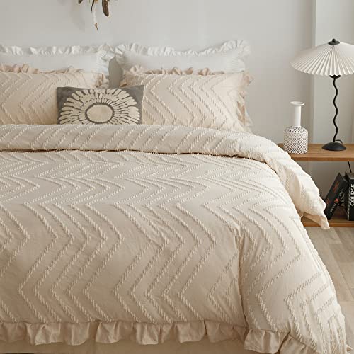 BAHALDEN Tufted Duvet Cover King Sets, Soft and Breathable Comforter Cover with Zipper Closure, Embroidery Boho Bedding with Ruffles, Cream Beige 104x90 inches and 2 Pillowcases