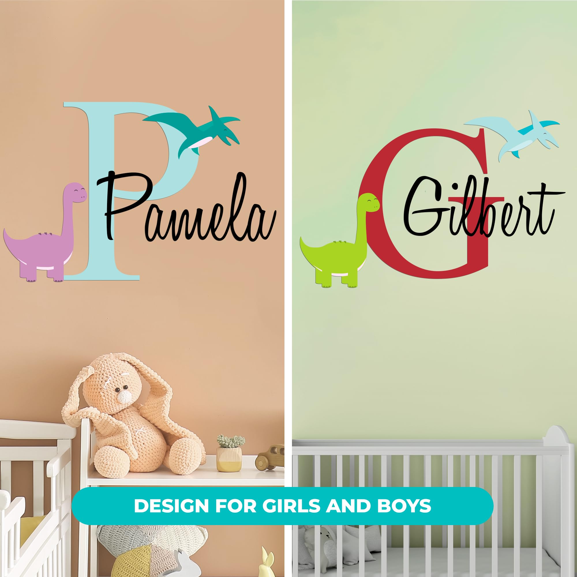 Custom Name & Initial Dinosaur Wall Decals I Personalized Dinosaur Bedroom Decor for Boys or Girls I Dinosaur Birthday Party Supplies I Nursery Wall Decal (Wide 32" x 20" Height)