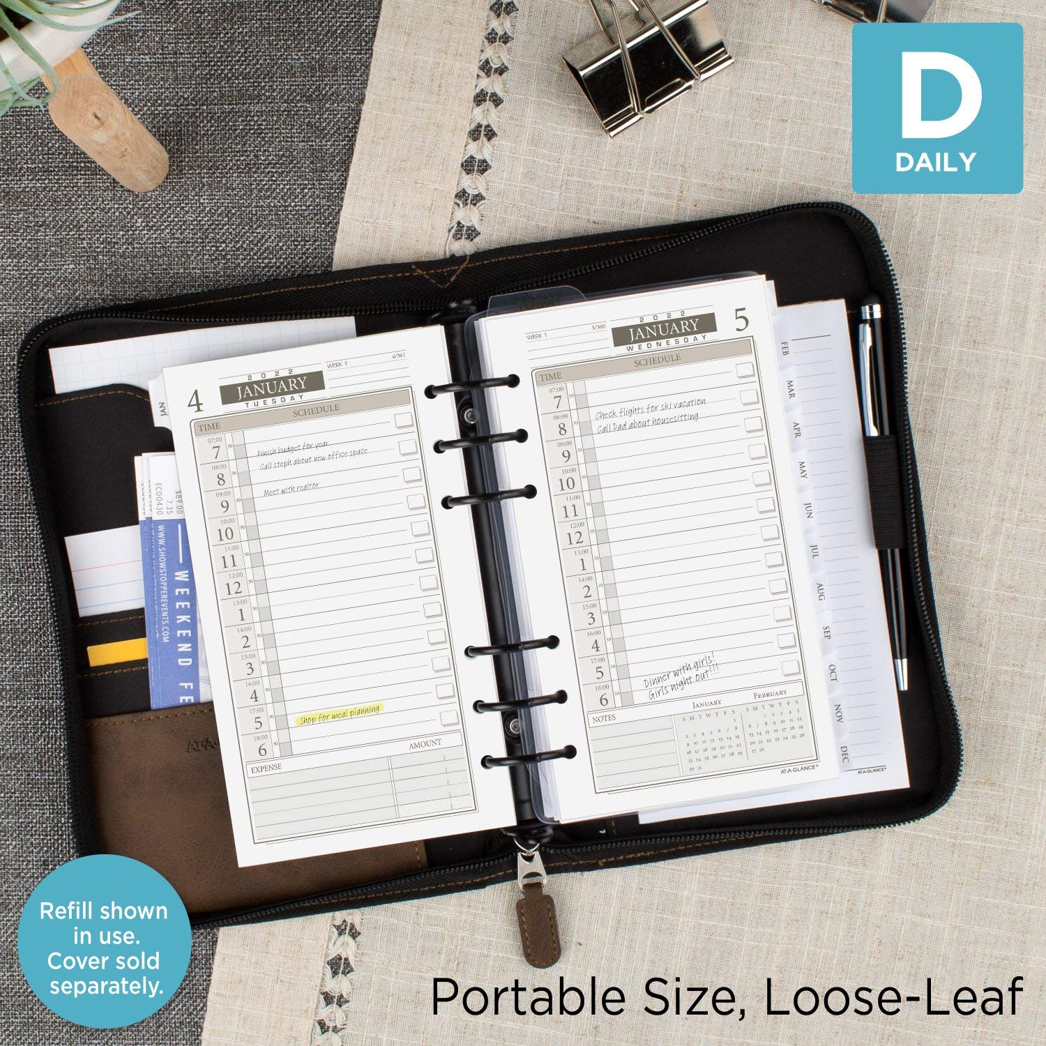 2022 Daily & Monthly Planner Refill by AT-A-GLANCE, 10801 Day-Timer, 3-3/4" x 6-3/4", Size 3, Two Page per Day (471-225)