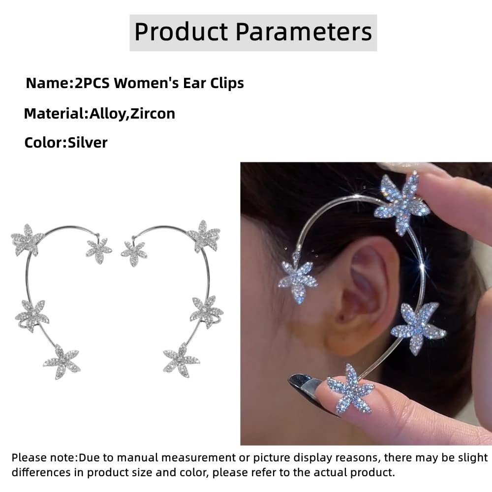 2PCS Women's Ear Clips Flower Flying Swallow (2PCS Silver Flower Ear Clips)