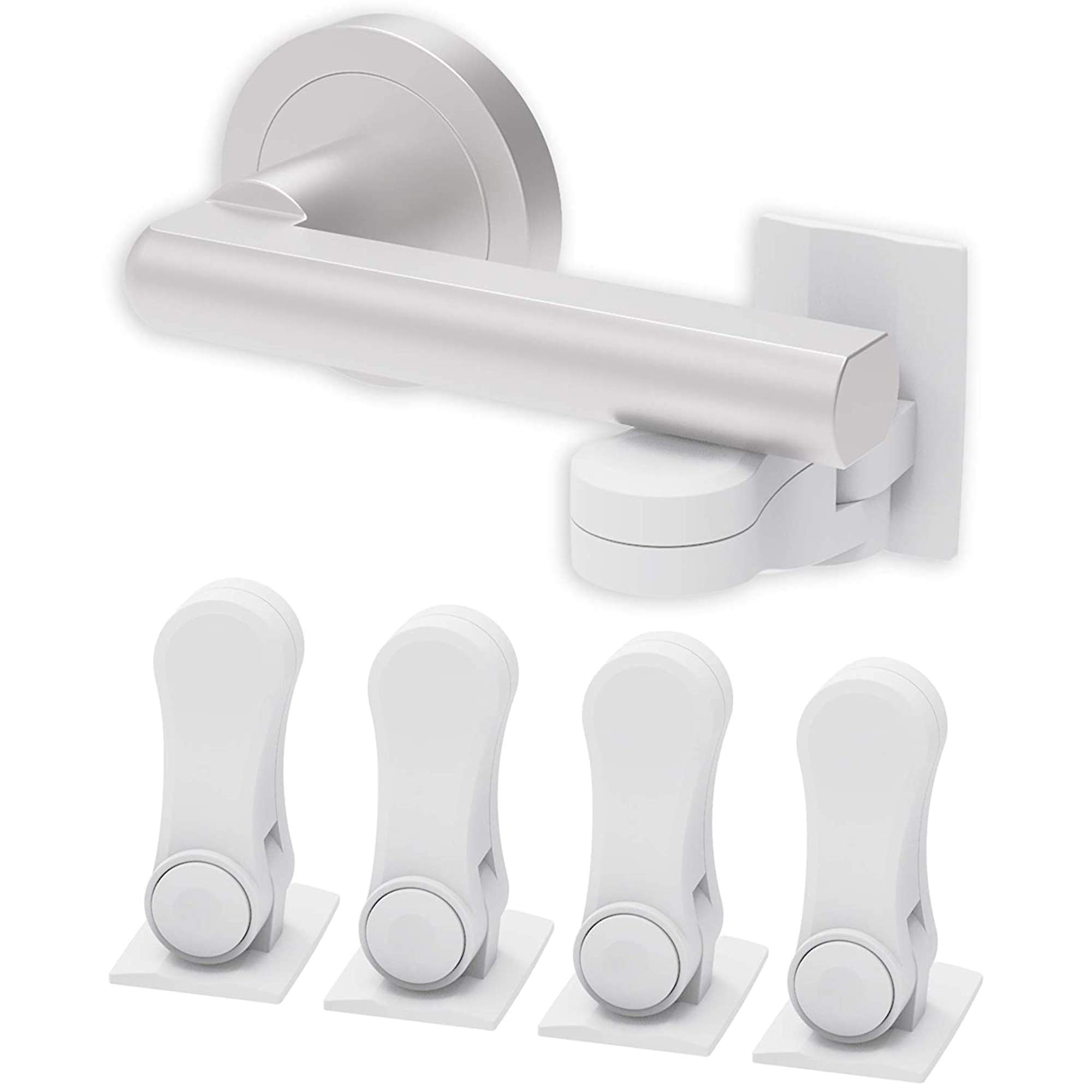 Childproof Door Lever Lock (4 Pack) Prevents Toddlers from Opening Doors. Easy One Hand Operation for Adults. Durable ABS with 3M Adhesive Backing. Simple Install (White)