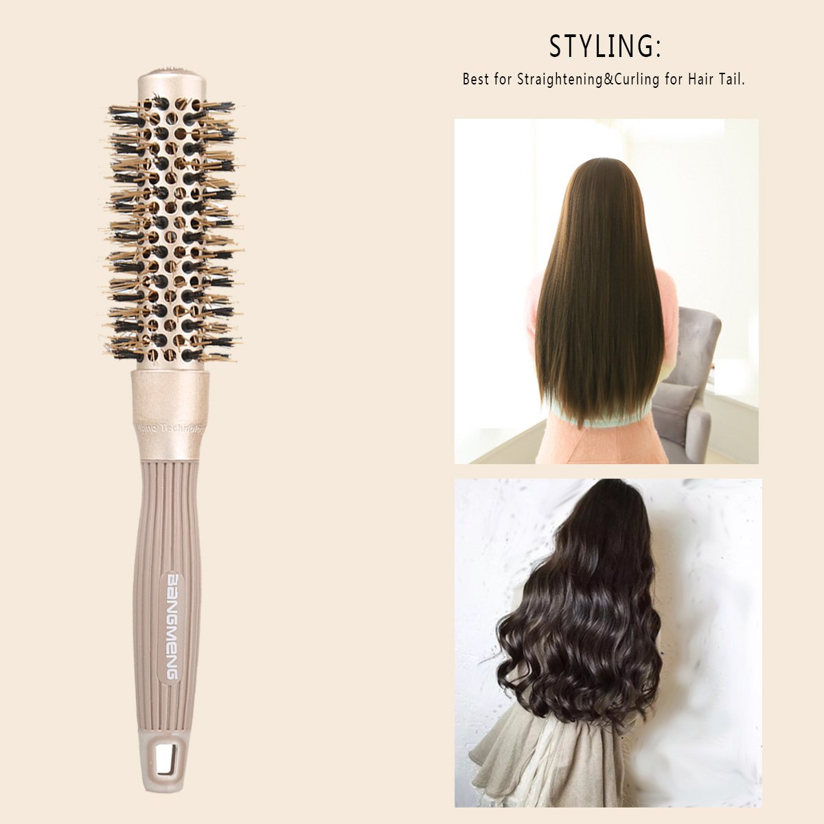 BANGMENG Round Brush with Boar Bristles, 1 inch Barrel, Nano Thermal Ceramic Ionic Tech for Straightening and Blow Drying, Gold