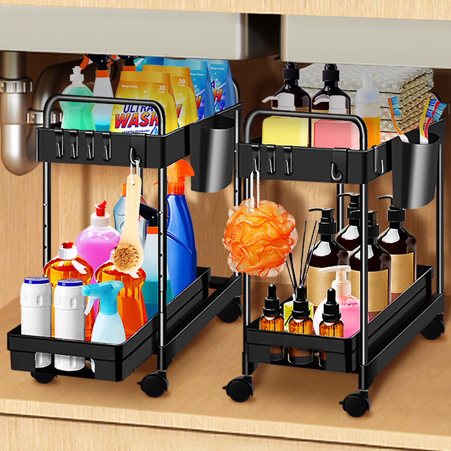 2 Pack Under Sink Organizers and Storage,2 Tier Pull Out Cabinet Organizer with Wheels,4 Tier Multi-Functional Rolling Storage Cart with Retractable Tubes for Bathroom,Kitchen,Laundry Room,Black