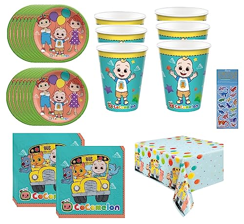 Amscan Cocomelon Birthday Party Supplies Bundle Pack includes 16 Dessert Plates, 16 Lunch Napkins, 16 Paper Cups, 1 Plastic Table Cover (Bundle for 16)