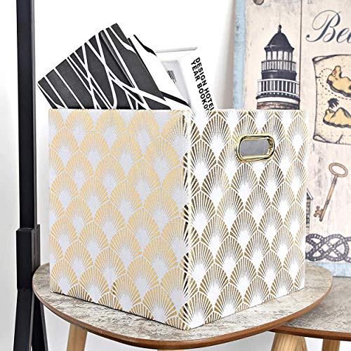 BAIST Cube Storage Organizer Foldable Storage Cubes Bins Fabric Storage Box 13 x 13 Cubby Storage Bins with Handles for Closet, Cloth, Food, Kids, Dog, Bathroom, Toy, Office, Shelf (4-Pack, Fan Gold)