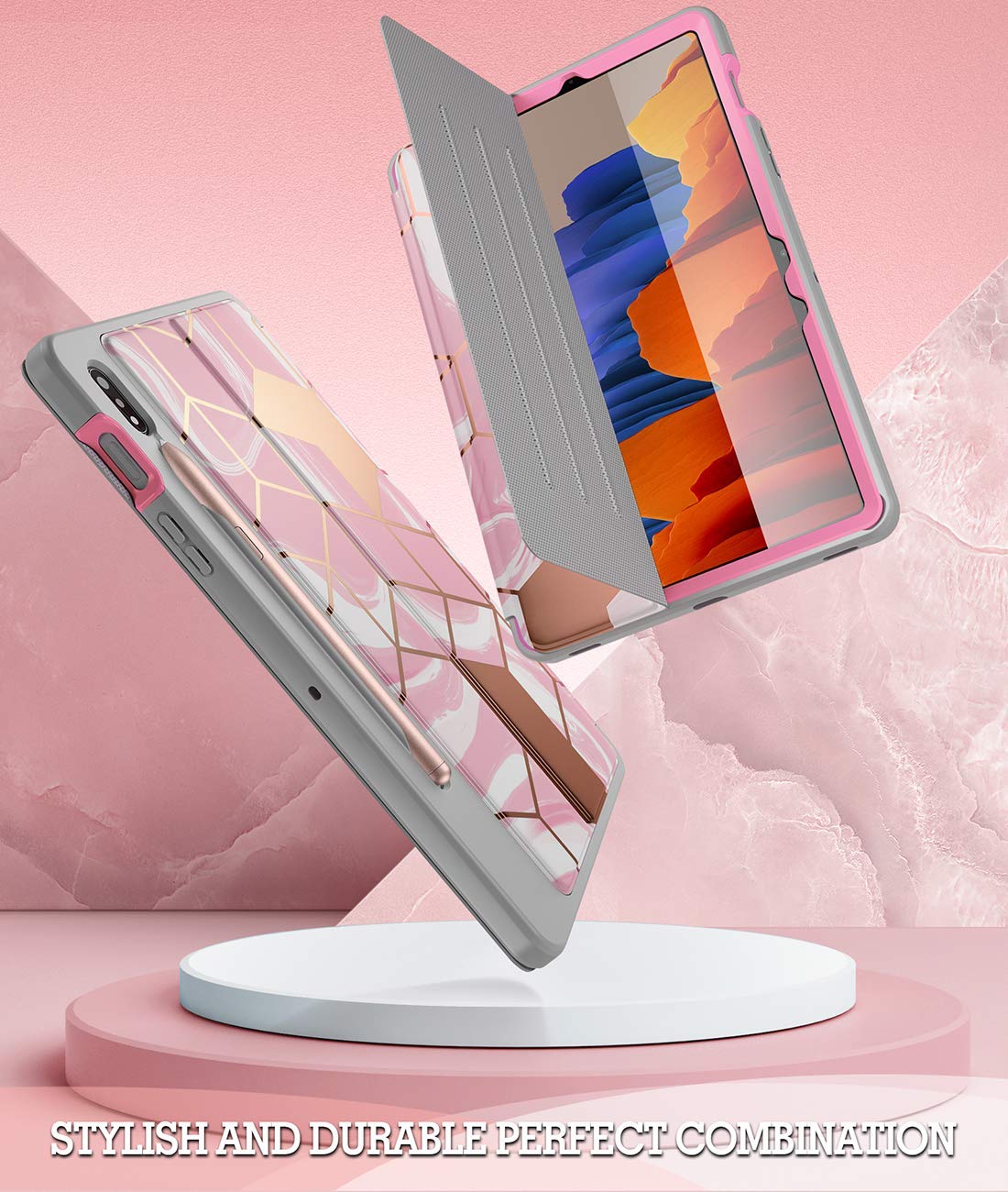 Popshine Marble Series Designed for Samsung Galaxy Tab S7 / S8 Case, Full Body Premium 360 Degree Protective Folio Cover with Built-in Screen Protector, Liquid Marble Pink