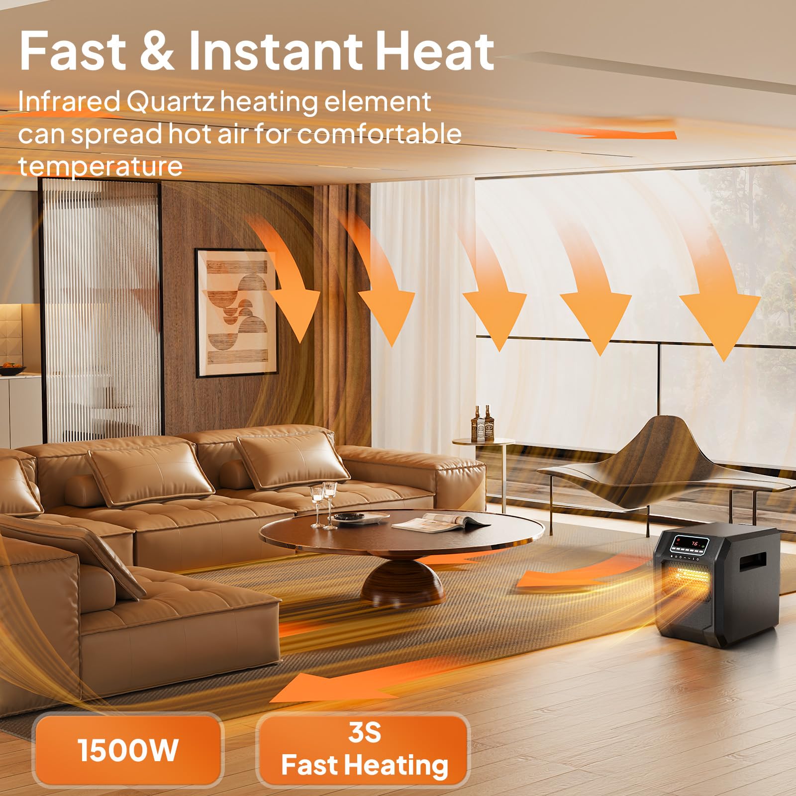 750W/1500W Electric Infrared Quartz Heater w/Remote Control, 4-Element Space Heater with Temperature Control, Timer, Overheat Shut Off Protection, 3 Heat Settings For Home Office Indoor, ETL