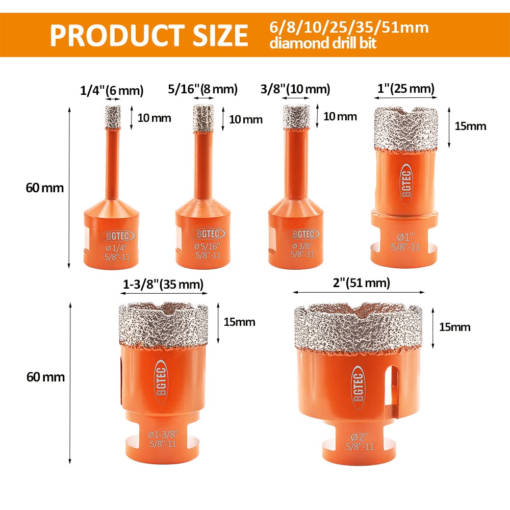 BGTEC 6pcs Dry Diamond Core Drill Bits Set for Porcelain Tile Ceramic Marble Brick Hole Saw Mixed 6/8/10/25/35/50MM