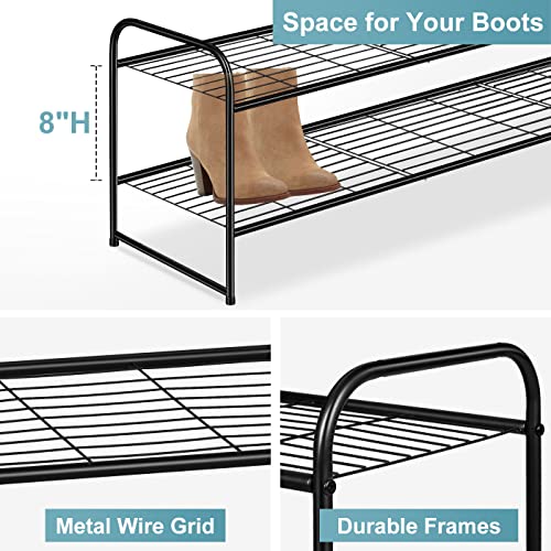 AOODA Long 2 Tier Shoe Rack for Closet Metal Wide Stackable Shoe Storage Organizer for Entryway, Bedroom, Floor, 18-Pairs Low Shoe Shelf, Black
