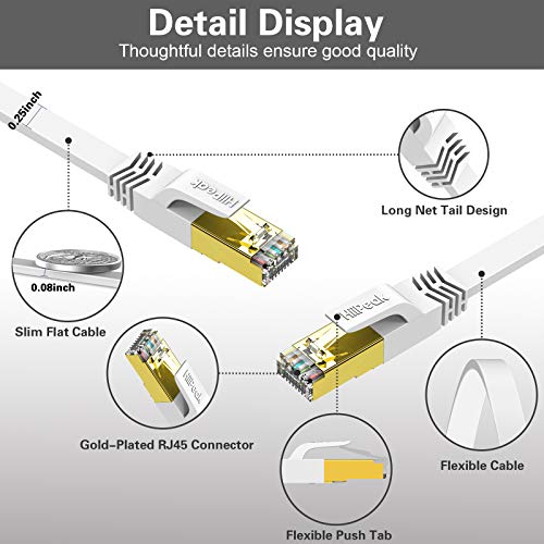 HiiPeak Cat 8 Ethernet Cable 3ft - Cat8 Flat Internet Cable High Speed LAN Patch Network Cables with RJ45 Gold Plated Connector, Compatible with Cat5/Cat6/Cat7, White(3 ft)