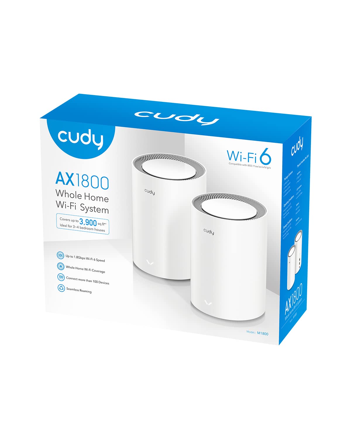 Cudy M1800 2-Pack AX1800 WiFi 6 Whole Home Mesh System Covers up to 5000 Sq. Ft., 5G Gigabit WiFi 6 VPN Router Extender, Parental Control, Open VPN