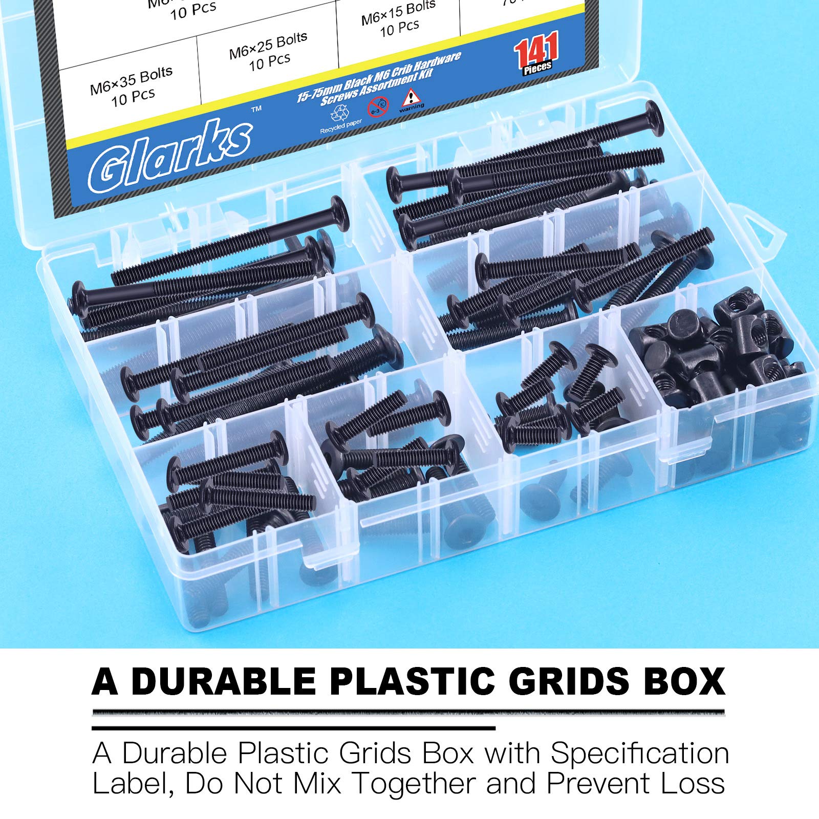 Glarks 141Pcs Baby Bed Crib Screws Hardware Replacement Kit, M6x15/ 25/35/ 45/55/ 65/ 75mm Black Hex Socket Cap Screws and Nuts Assortment Kit for Chair Table Cabinets Furniture