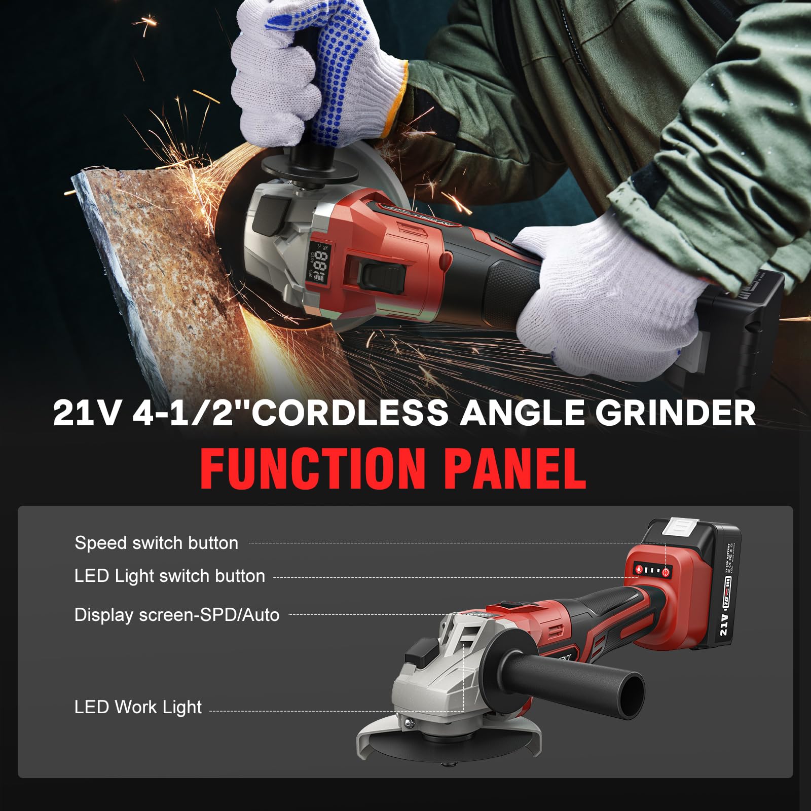 21V Cordless Angle Grinder, 4-1/2'' Power Angle Grinder Tools with 2PCS 4.0Ah Batteries, 9500RPM Brushless Electric Battery Grinder, Cordless Grinder with Cutting Wheel Disc for Metal Cutting,Grinding